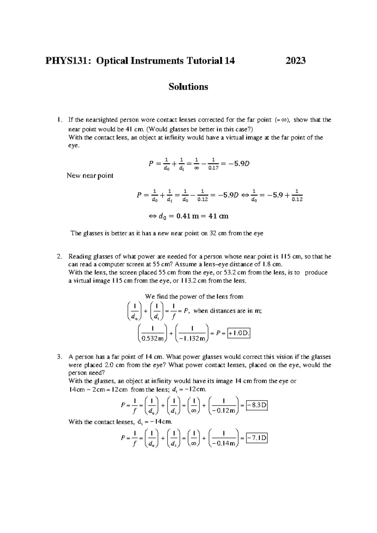 PHYS131 Optical Instruments Tutorial 14 Solutions - PHYS131: Optical Instruments Tutorial 1 4 ...