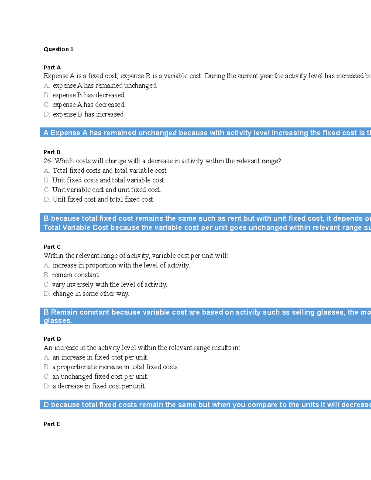 Assignment 2 Cost Classification and the High Low Method - Question 1 Part A Expense A is a ...