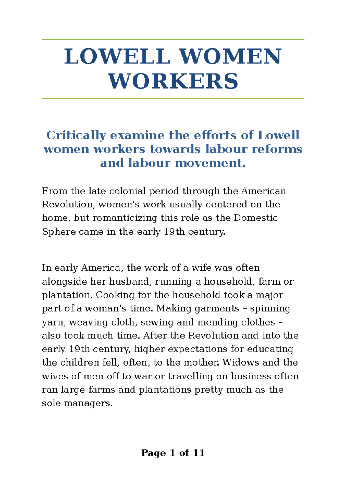 Lowell women workers: women struggle in industrial age - LOWELL WOMEN ...