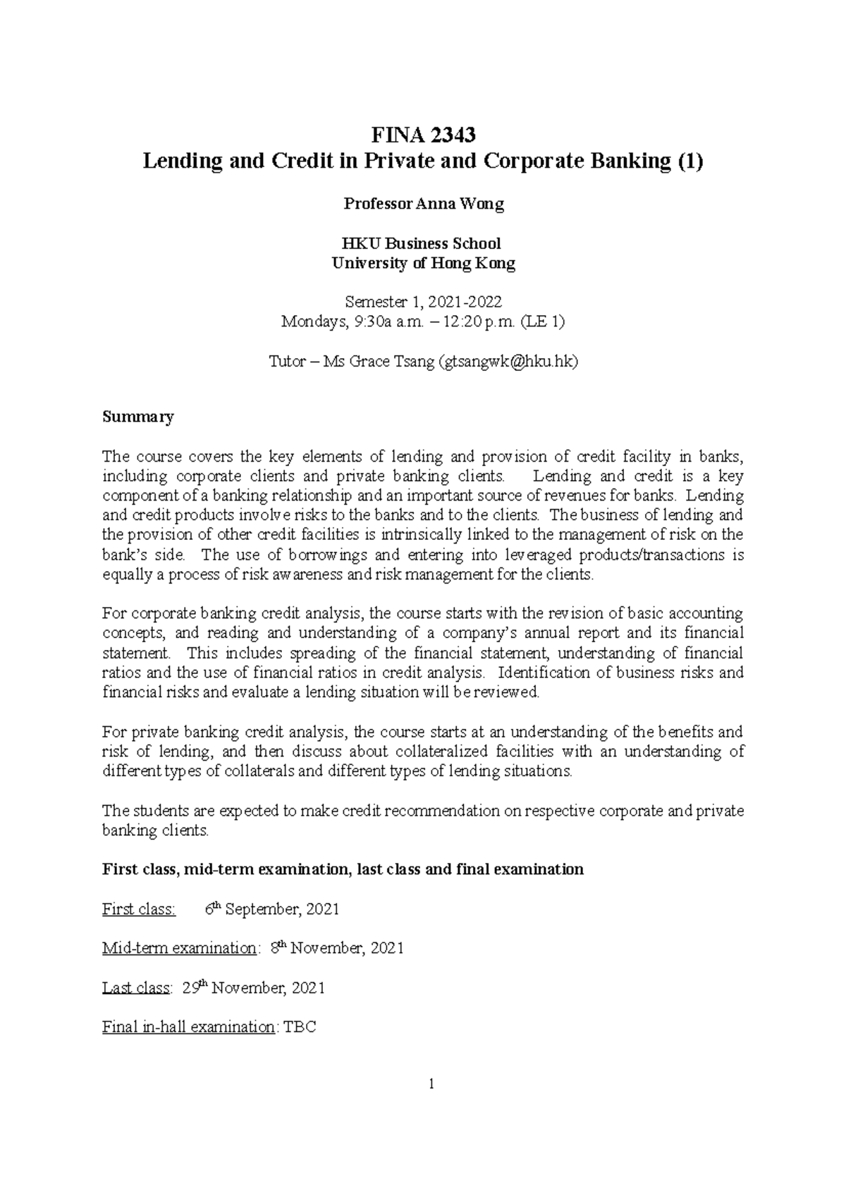 2021.22 FINA2343 Course Outline and Description - FINA 2343 Lending and Credit in Private and ...
