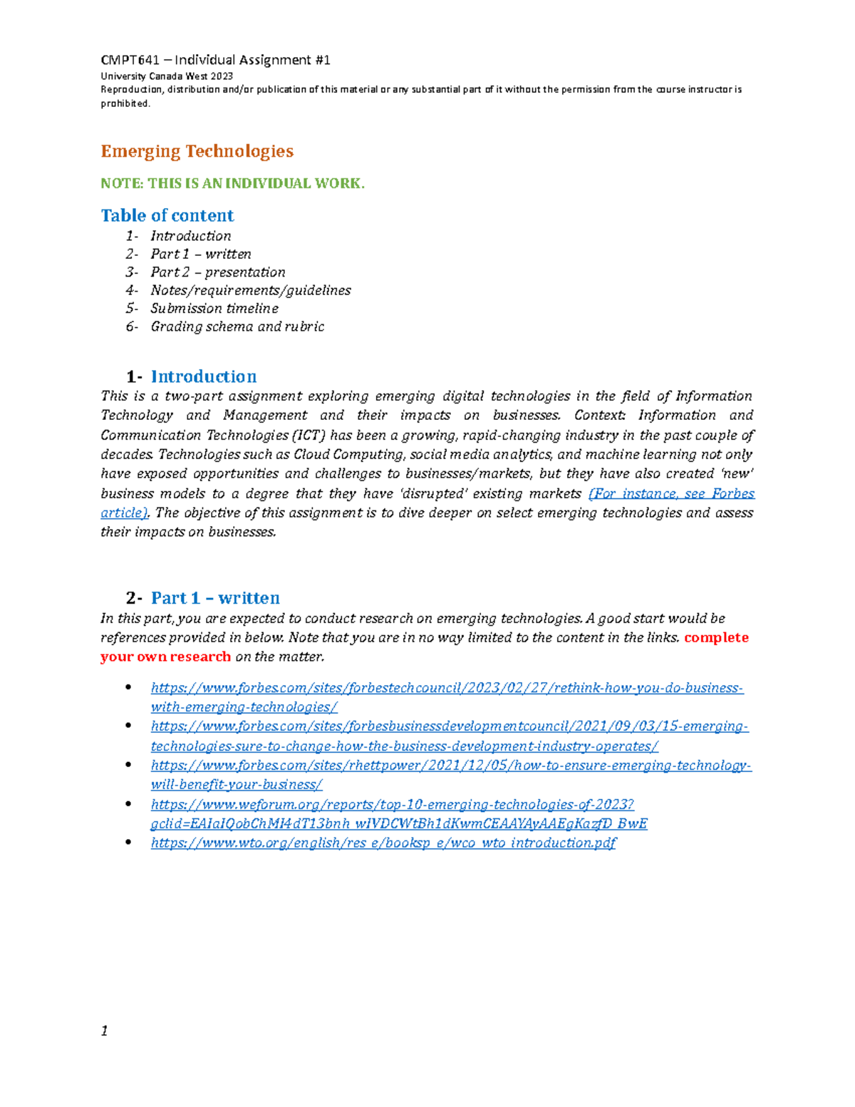 Individual Assignment 1 - Emerging Tech - University Canada West 2023 Reproduction, distribution ...