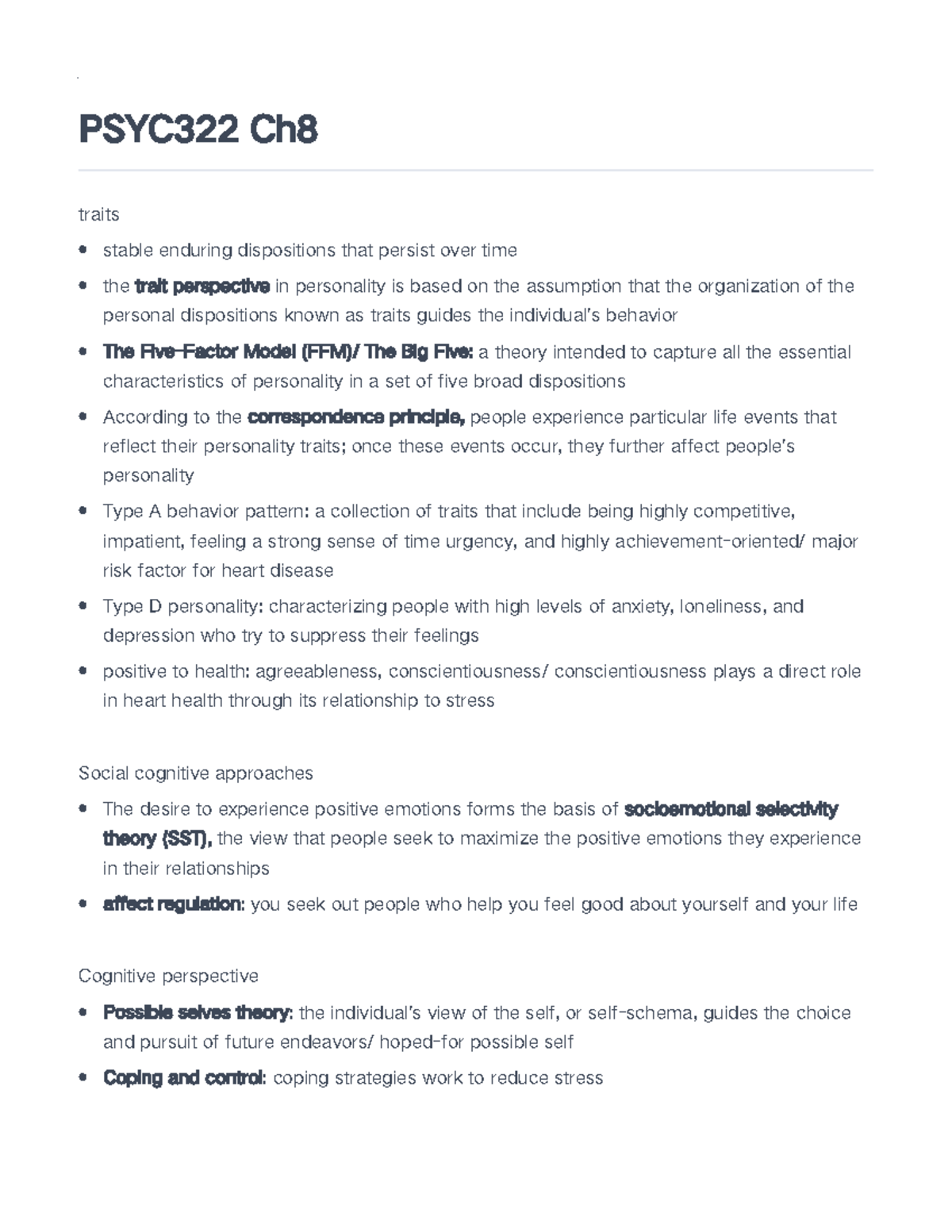 PSYC322+Ch8 - ch8 - PSYC322 Ch traits stable enduring dispositions that ...