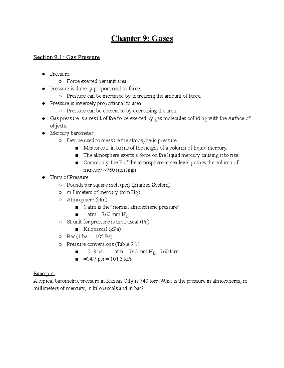 Chapter 9 Notes - Prof. Salem - Chapter 9: Gases Section 9: Gas ...