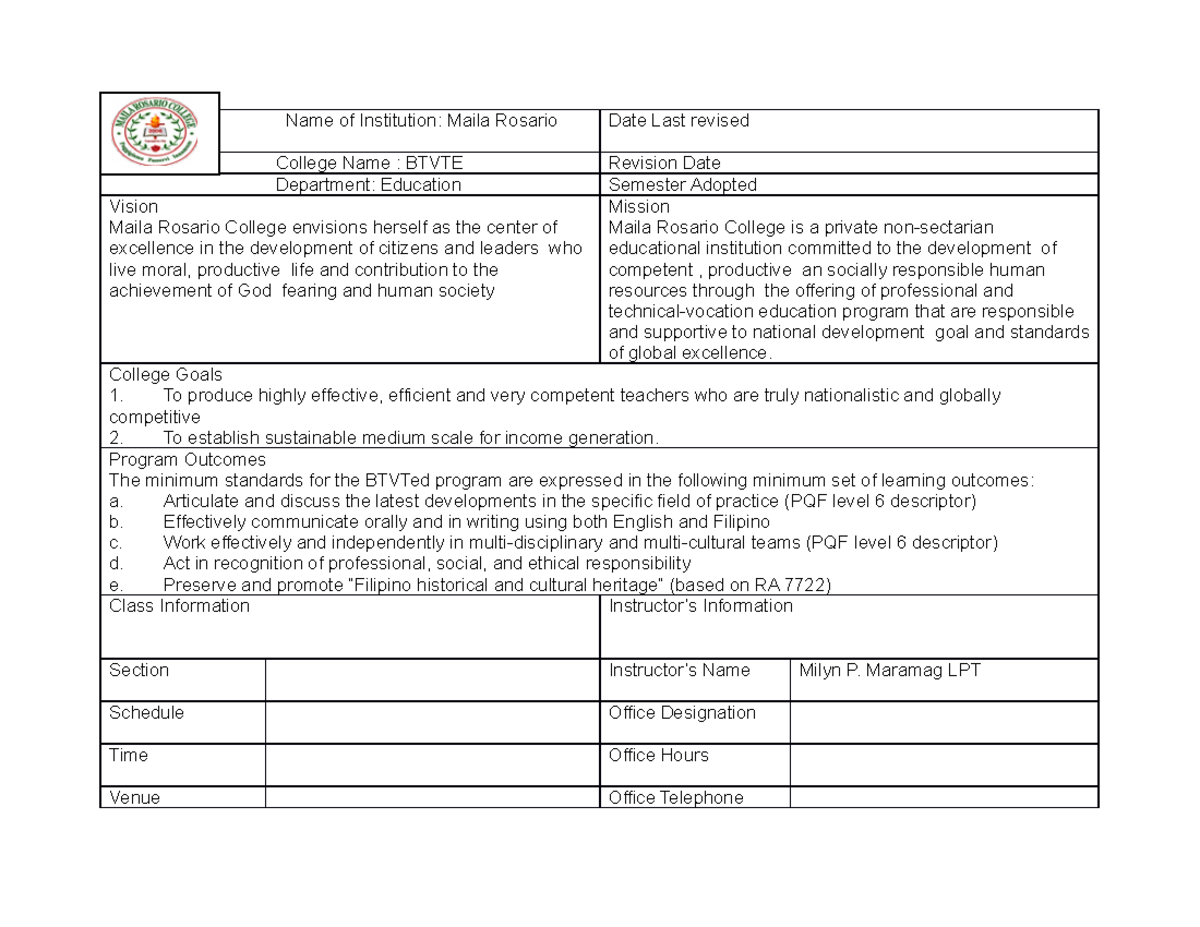 The andragogy v2 syllabus - \ Name of Institution: Maila Rosario ...