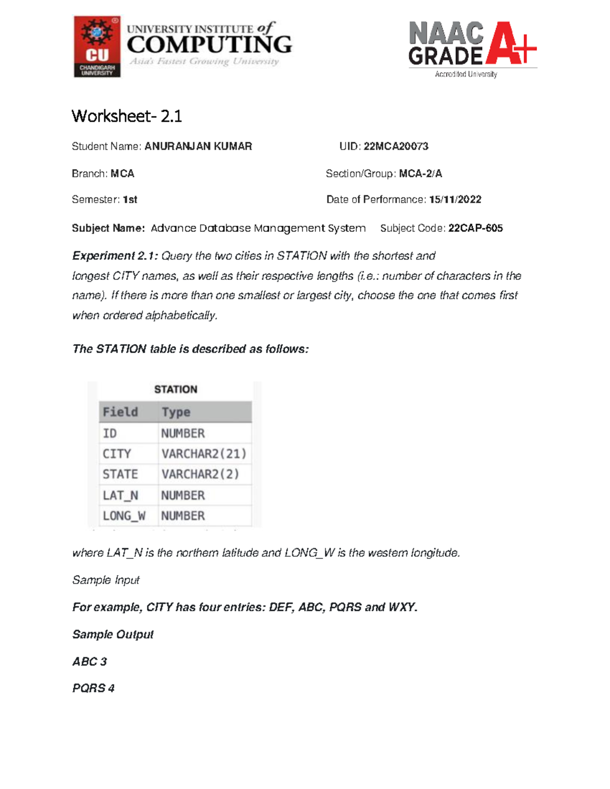 DBMS Worksheet-2 - this is a worksheet in chnadigarh university - Worksheet- 2. 1 Student Name ...