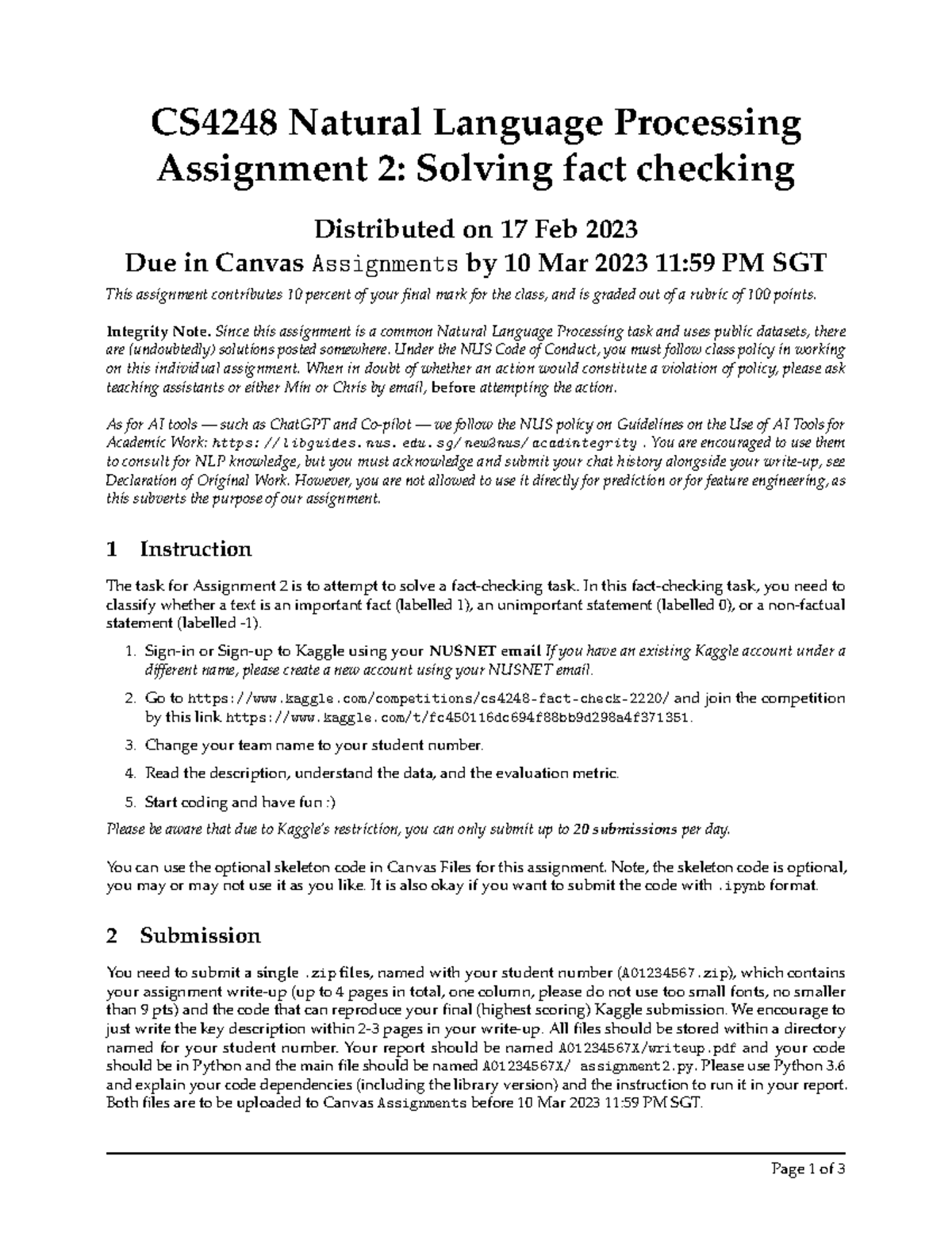 Cs4248 Assignment 2 Cs4248 Natural Language Processing Assignment 2 Solving Fact Checking