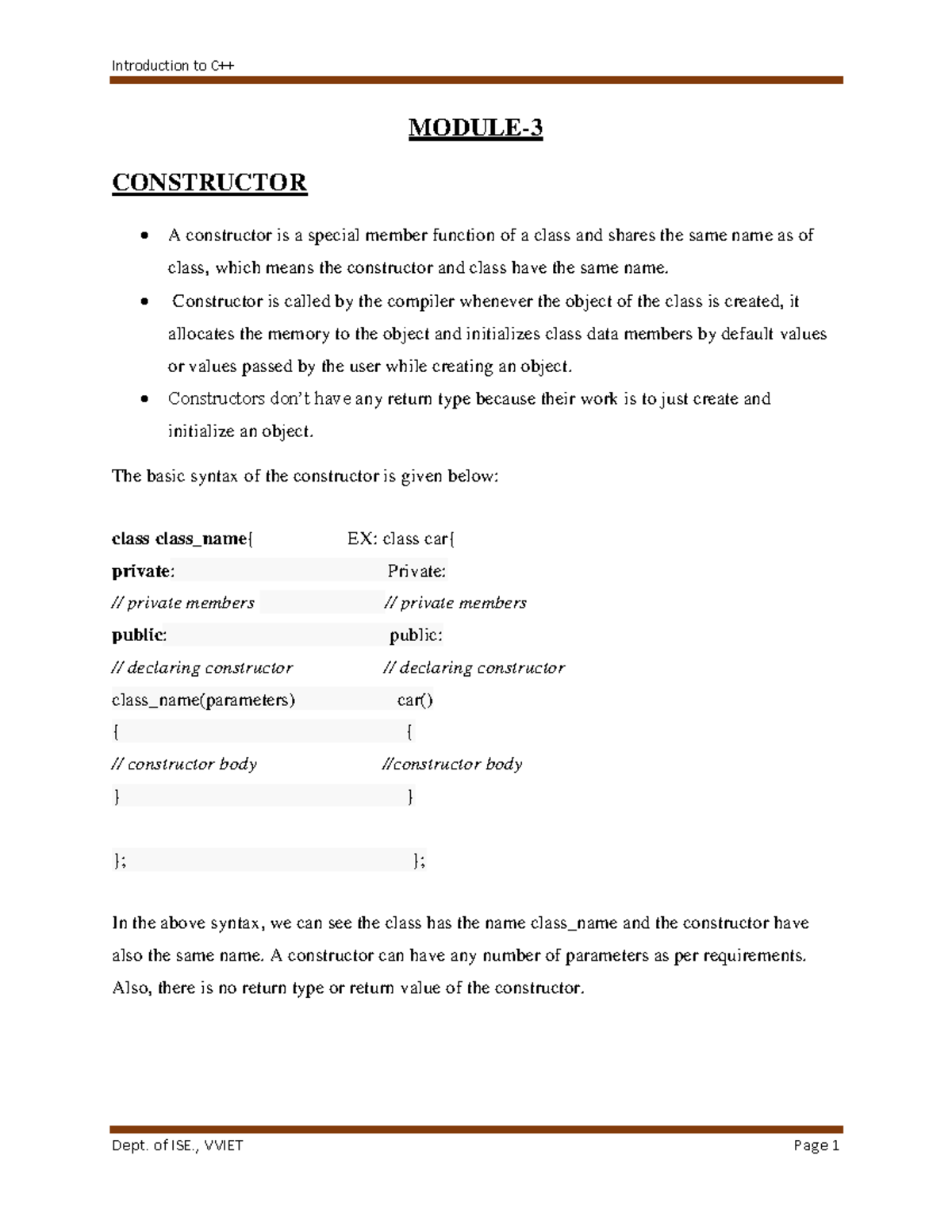 Module 3 C Notes Module Constructor A Constructor Is A Special Member Function Of A Class