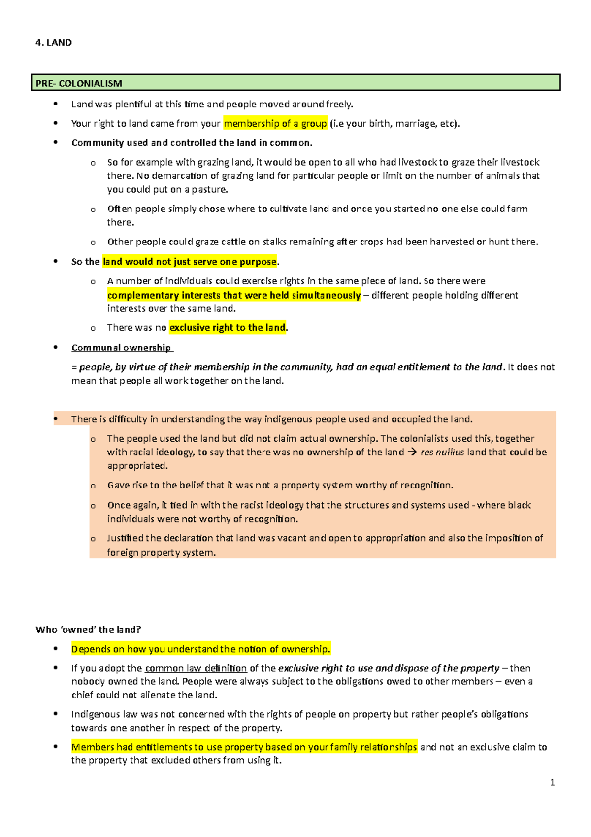 4. LAND - land lecture notes - 4. LAND PRE- COLONIALISM Land was ...