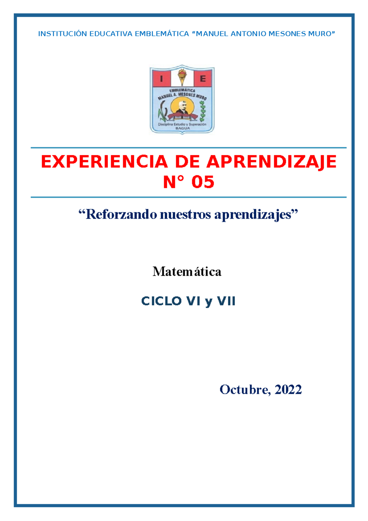 Experiencia de Aprendizaje-5 - EXPERIENCIA DE APRENDIZAJE N° 05 “Reforzando nuestros ...