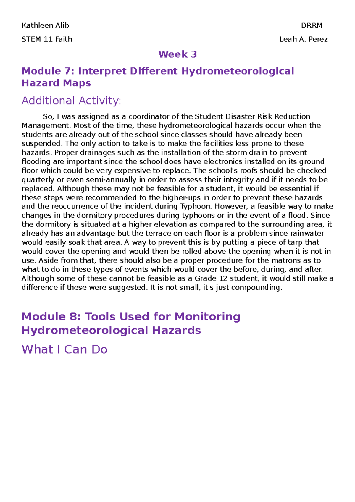 DRRM week 3-6 - i hope it helps - Kathleen Alib DRRM STEM 11 Faith Leah A. Perez Week 3 Module 7 ...