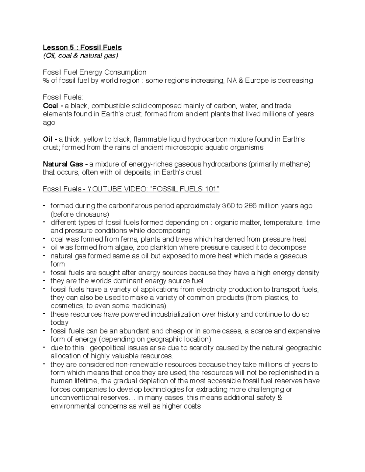 Lesson 5 - Lecture notes 5 - Lesson 5 : Fossil Fuels (Oil, coal ...
