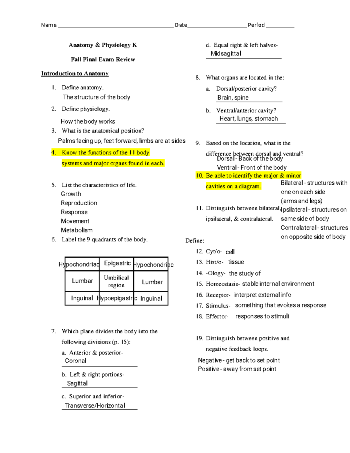 Fall Semester Final Review 2021 - Anatomy & Physiology K Fall Final ...