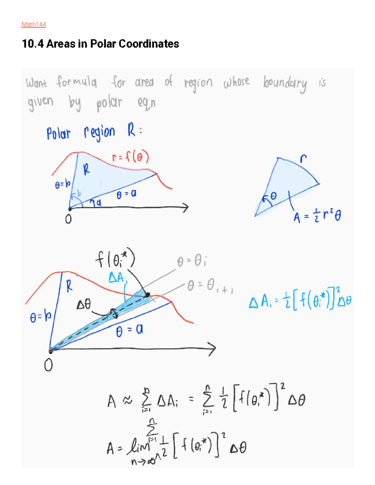 10.4 Areas in Polar Coordinates - MATH1034 - Math 10 Areas in Polar ...