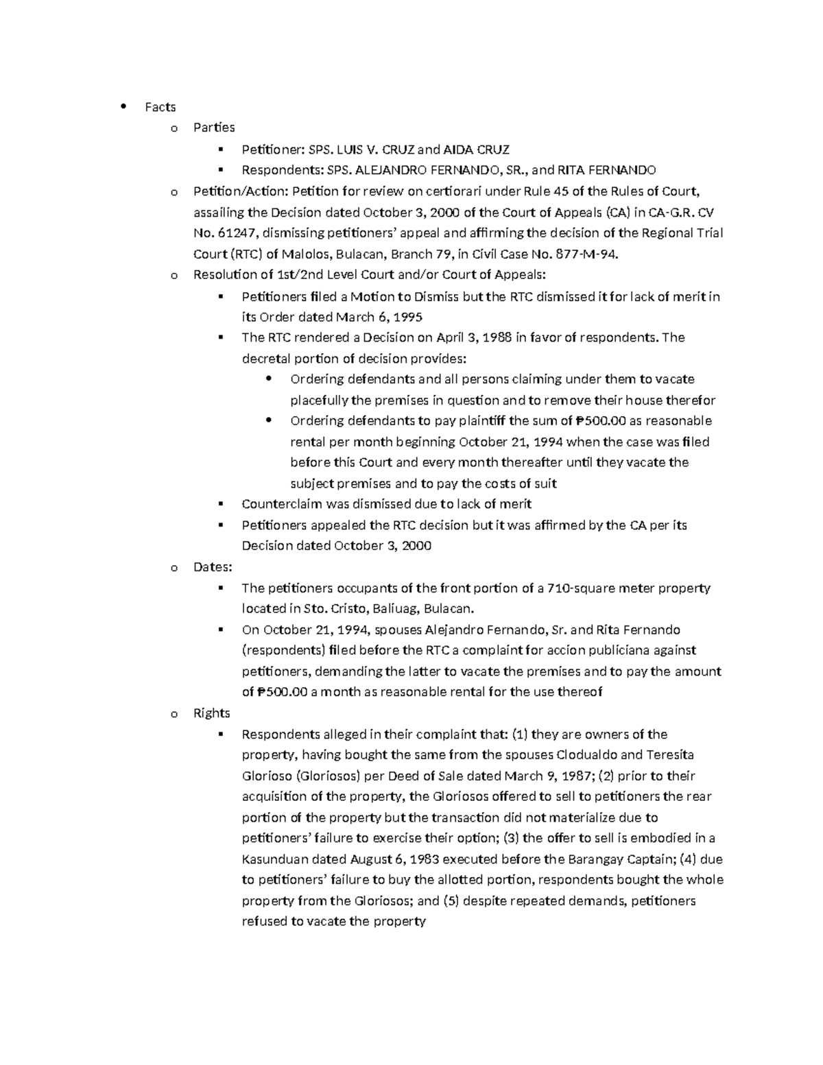 SPS Cruz vs SPS Fernando - Facts o Parties Petitioner: SPS. LUIS V ...