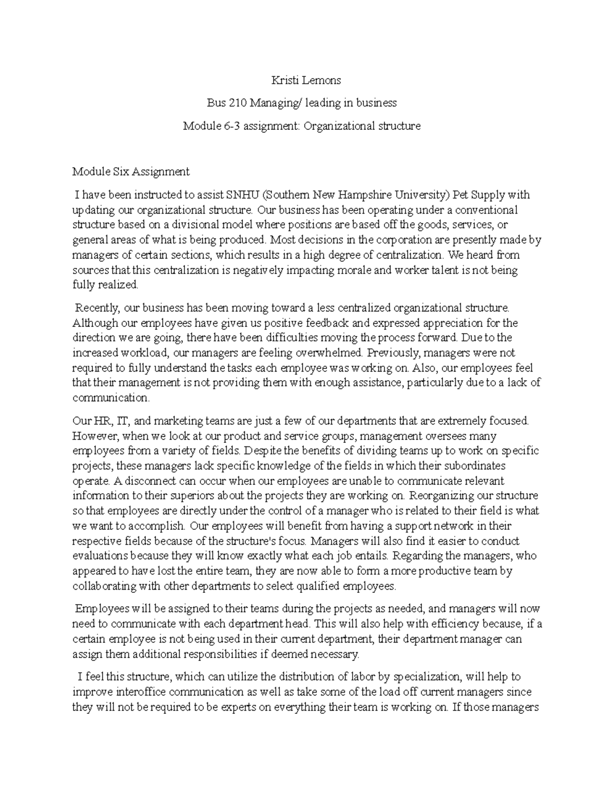 Module 6.3 assignment Organizational structure - Copy - Kristi Lemons ...