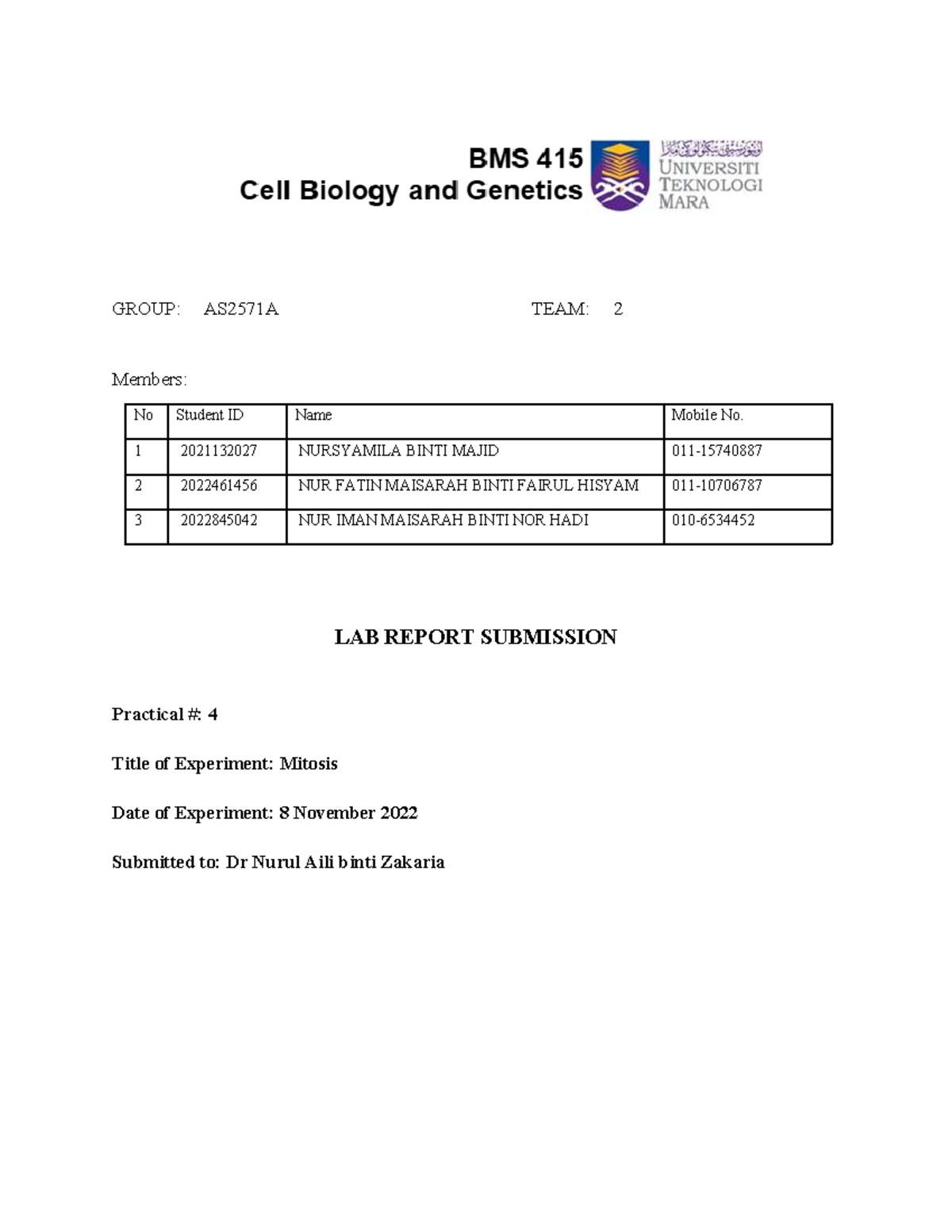 BMS415 Lab Report Experiment 4 - GROUP: AS2571A TEAM: 2 Members: No ...