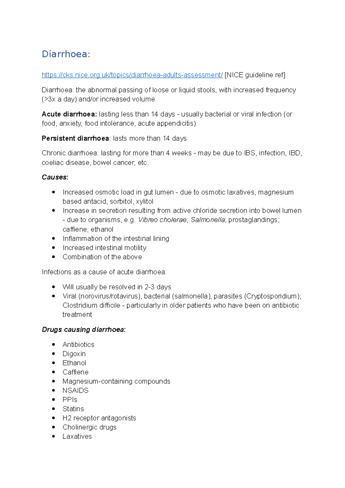 Diarrhoea - Summaries from lectures - Diarrhoea: cks.nice.org/topics ...