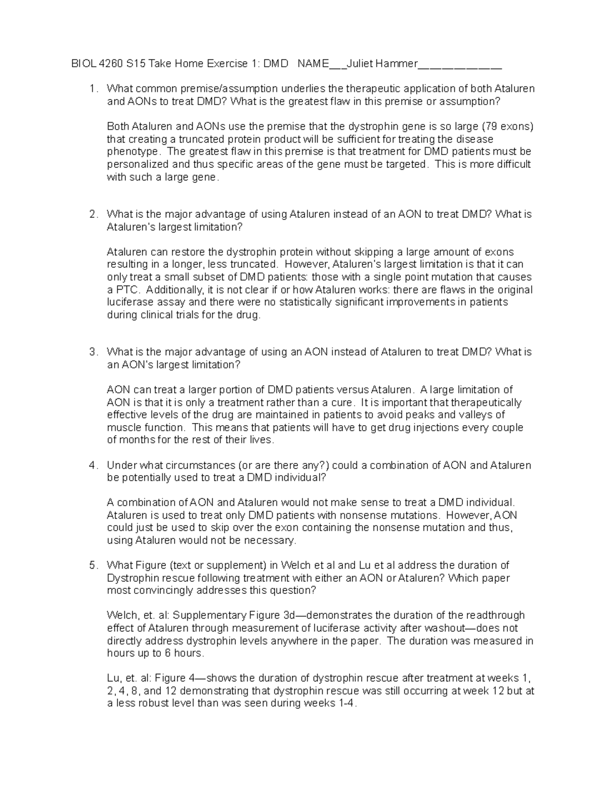 Take Home Exercise 1 DMD - BIOL 4260 S15 Take Home Exercise 1: DMD NAME ...