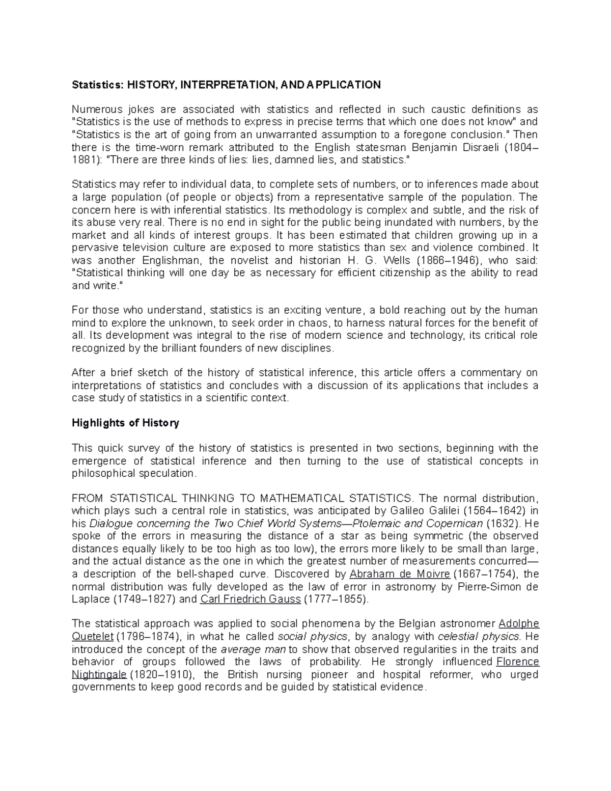 Statistics - history - Lecture notes 1 - Statistics: HISTORY ...