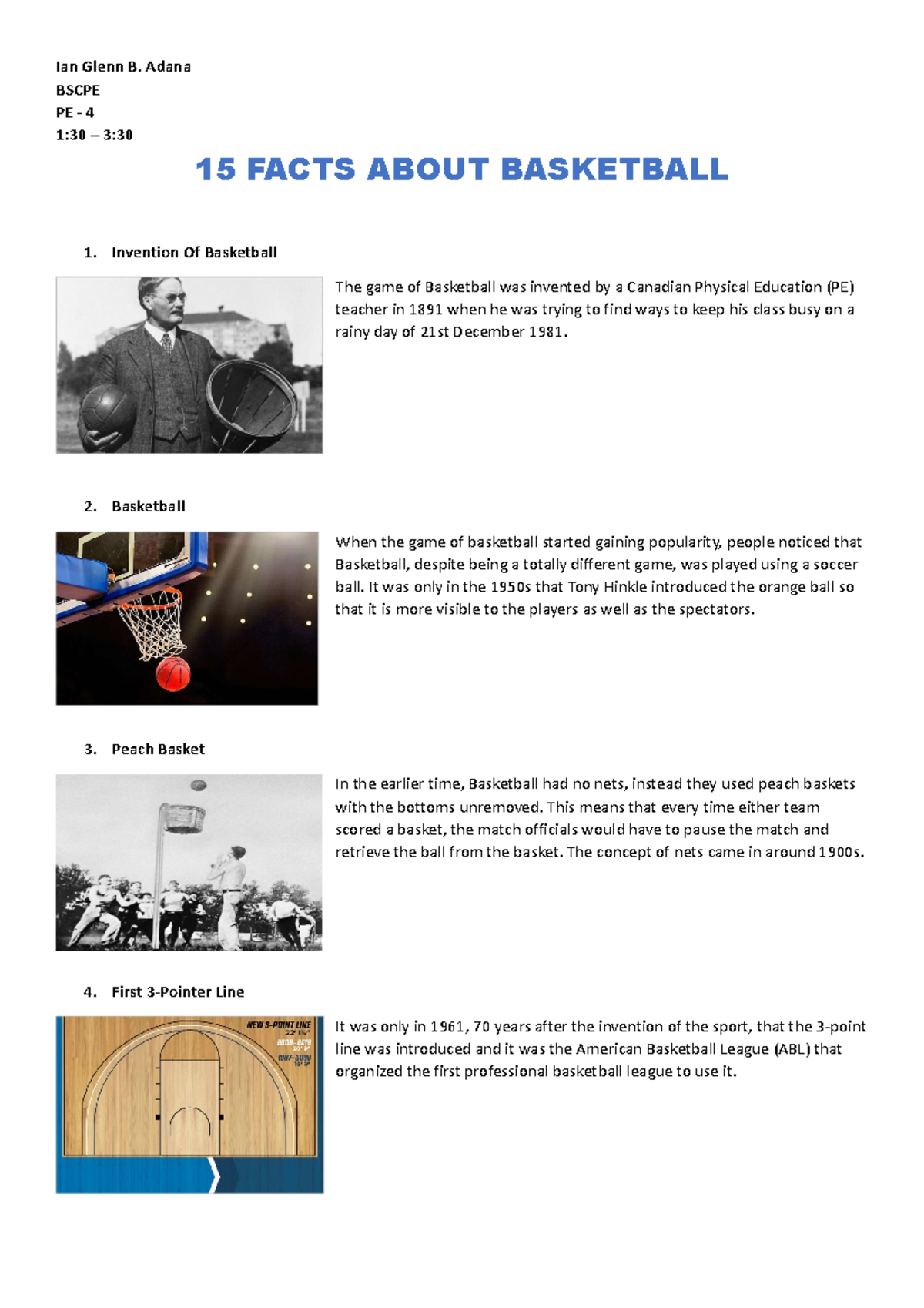 15 Facts About Basketball - Ian Glenn B. Adana BSCPE PE - 4 1:30 – 3: ...