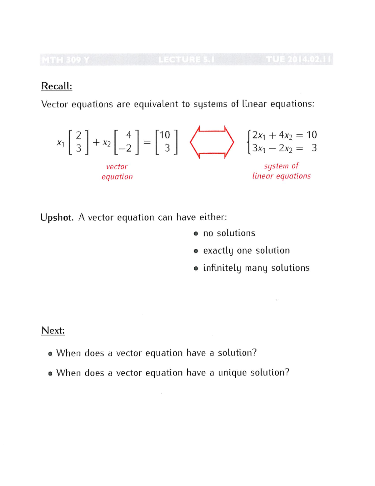 Lecture notes, lecture 5 - Annotated - Recall: Vector equations are ...