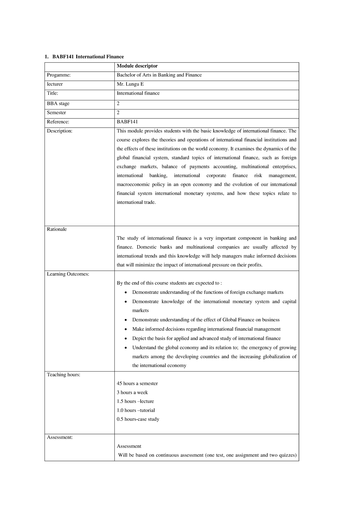 BABF325International Finance Module 2021 - BABF141 International ...