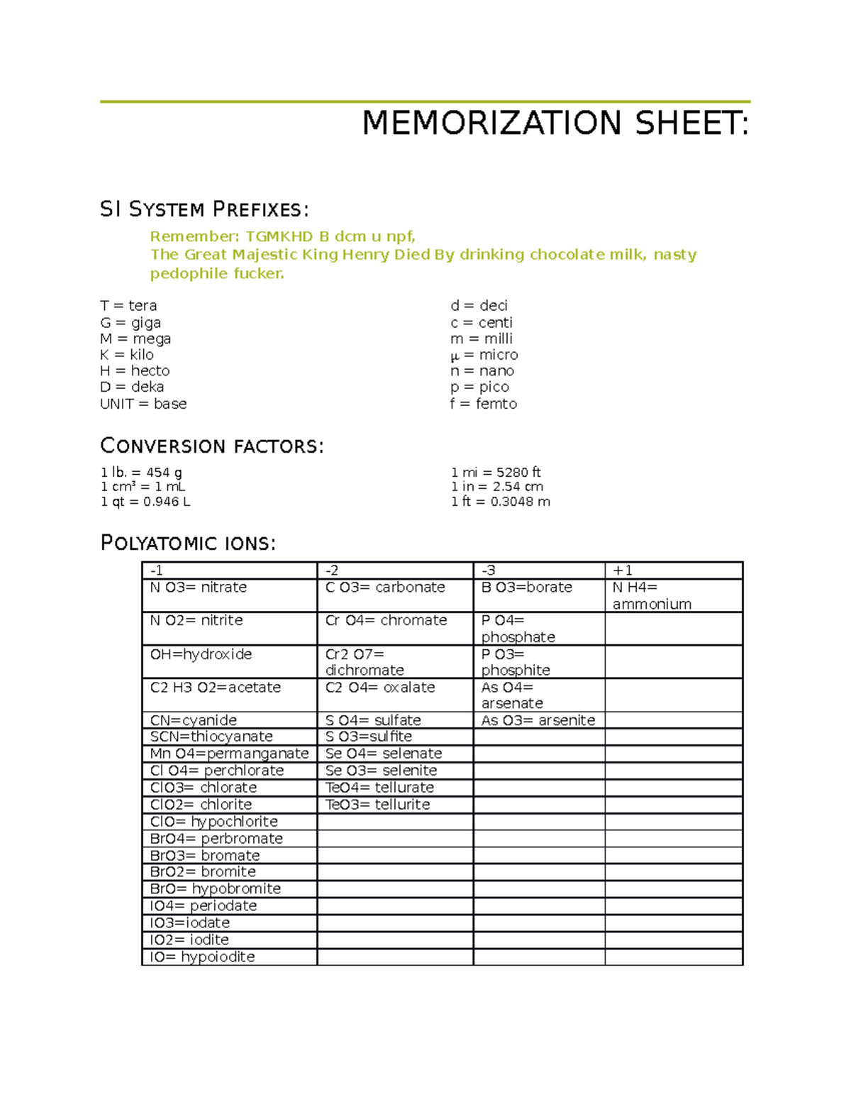 Memorization - MEMORIZATION SHEET: SI SYSTEM PREFIXES: Remember: TGMKHD ...