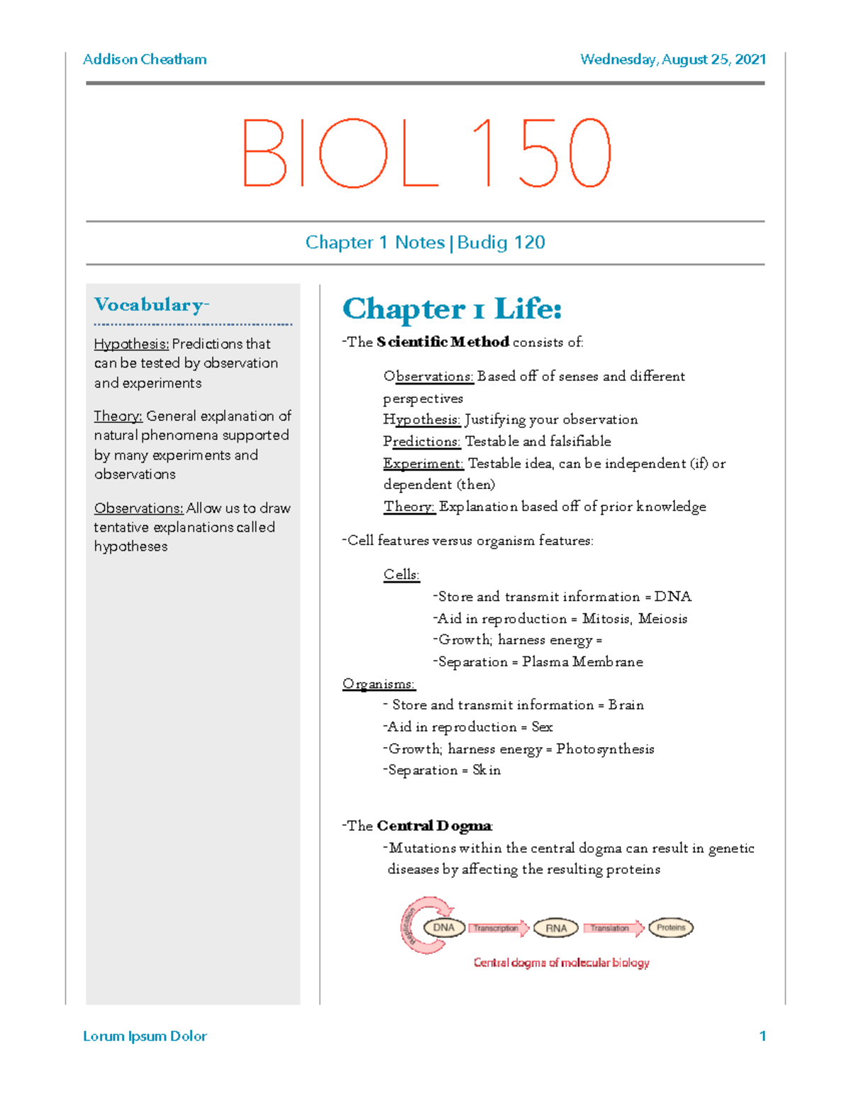 Chapter 1 - BIOL 150 - Addison Cheatham Wednesday, August 25, 2021 Chapter 1 Life: The ...