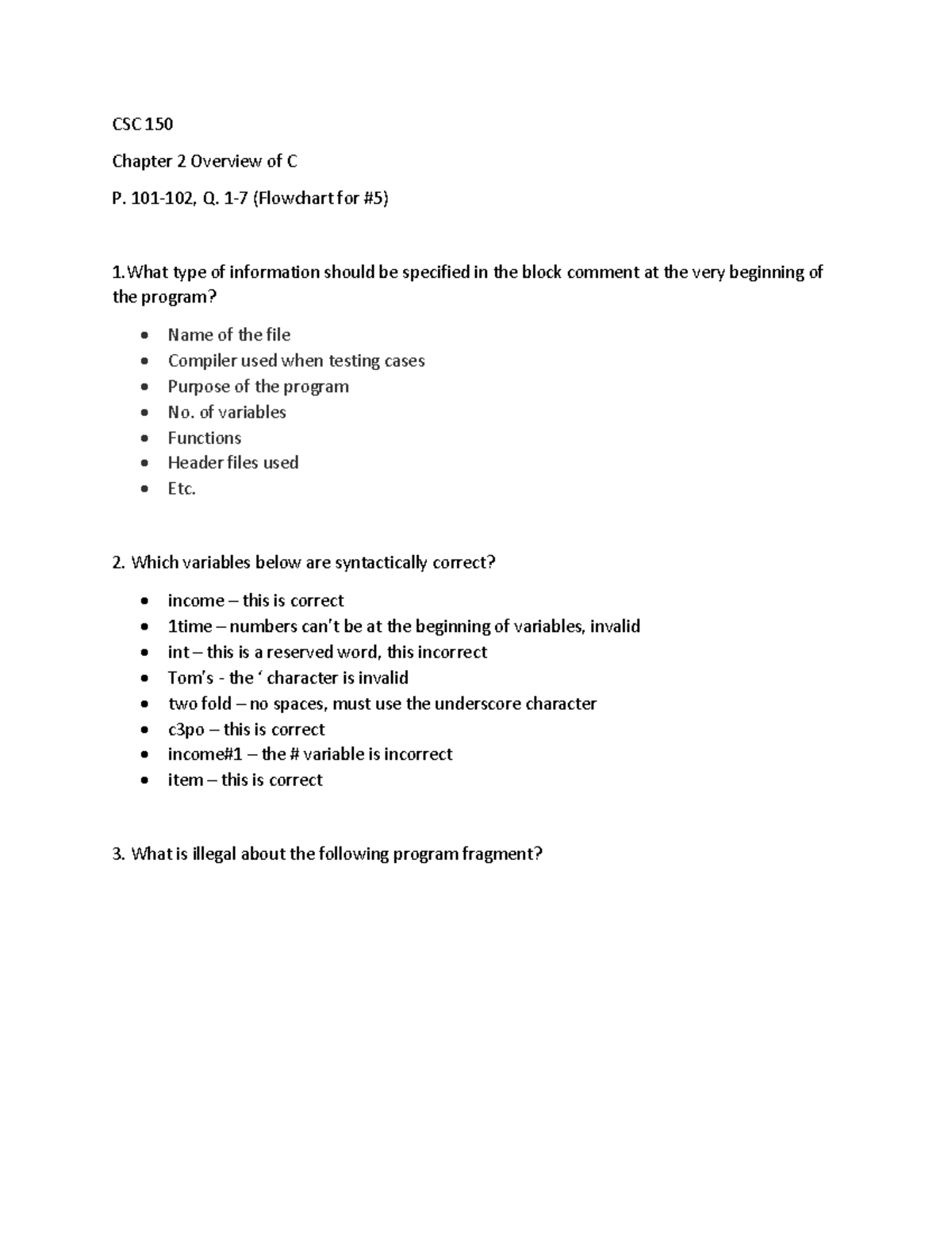 CSC 150 Chapter 2 - CSC 150 Chapter 2 Overview of C P. 101-102, Q. 1-7 ...