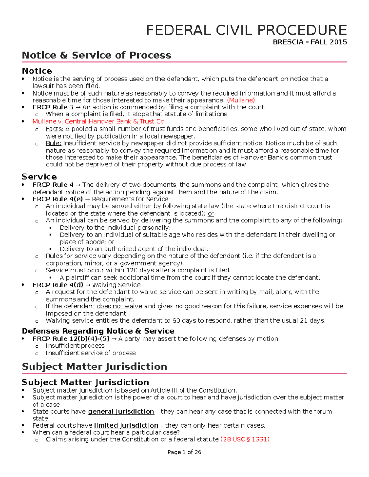 Brescia civ pro Fall 2015 - BRESCIA – FALL 2015 Notice & Service of ...