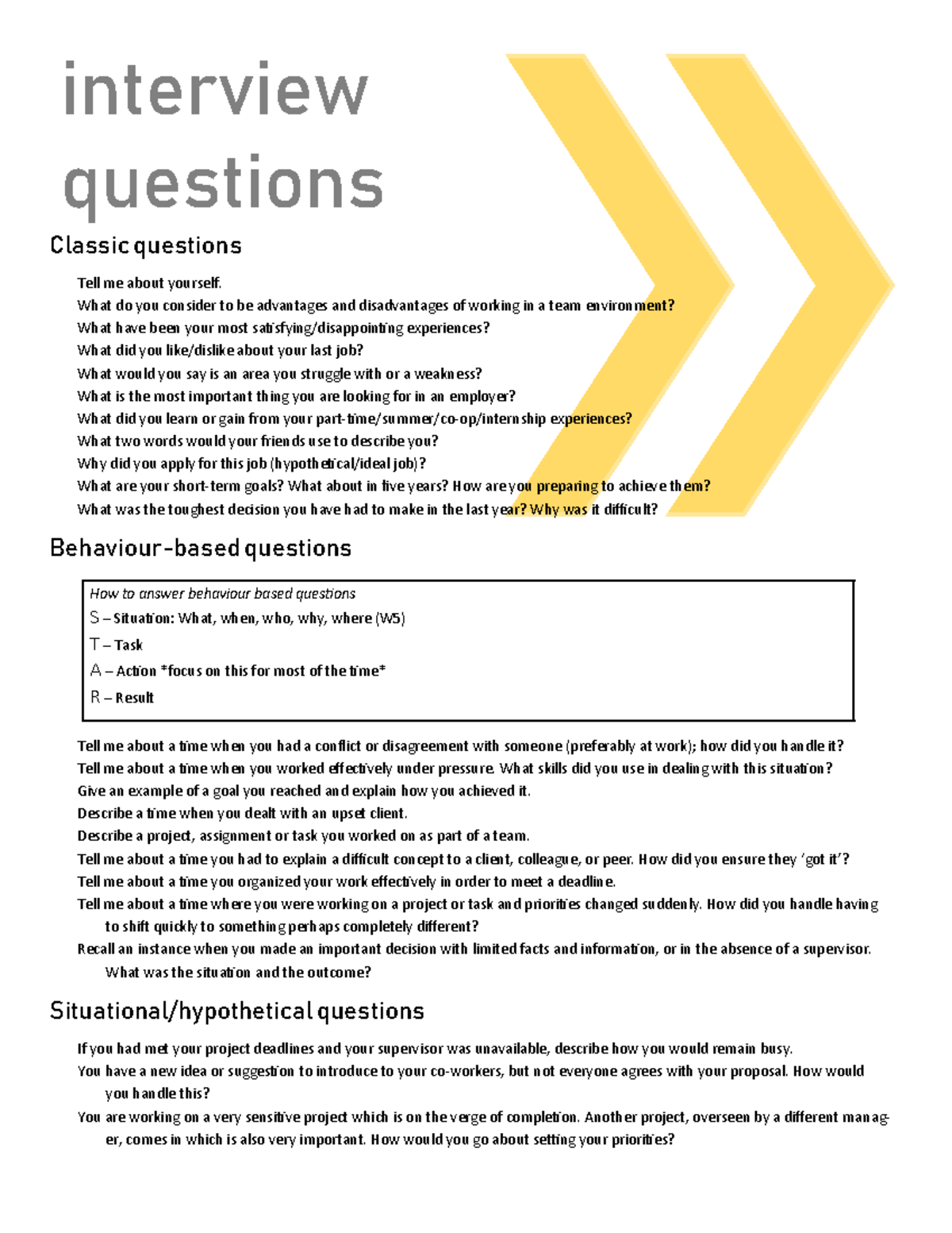 Interview Questions Handout - interview questions Classic questions ...