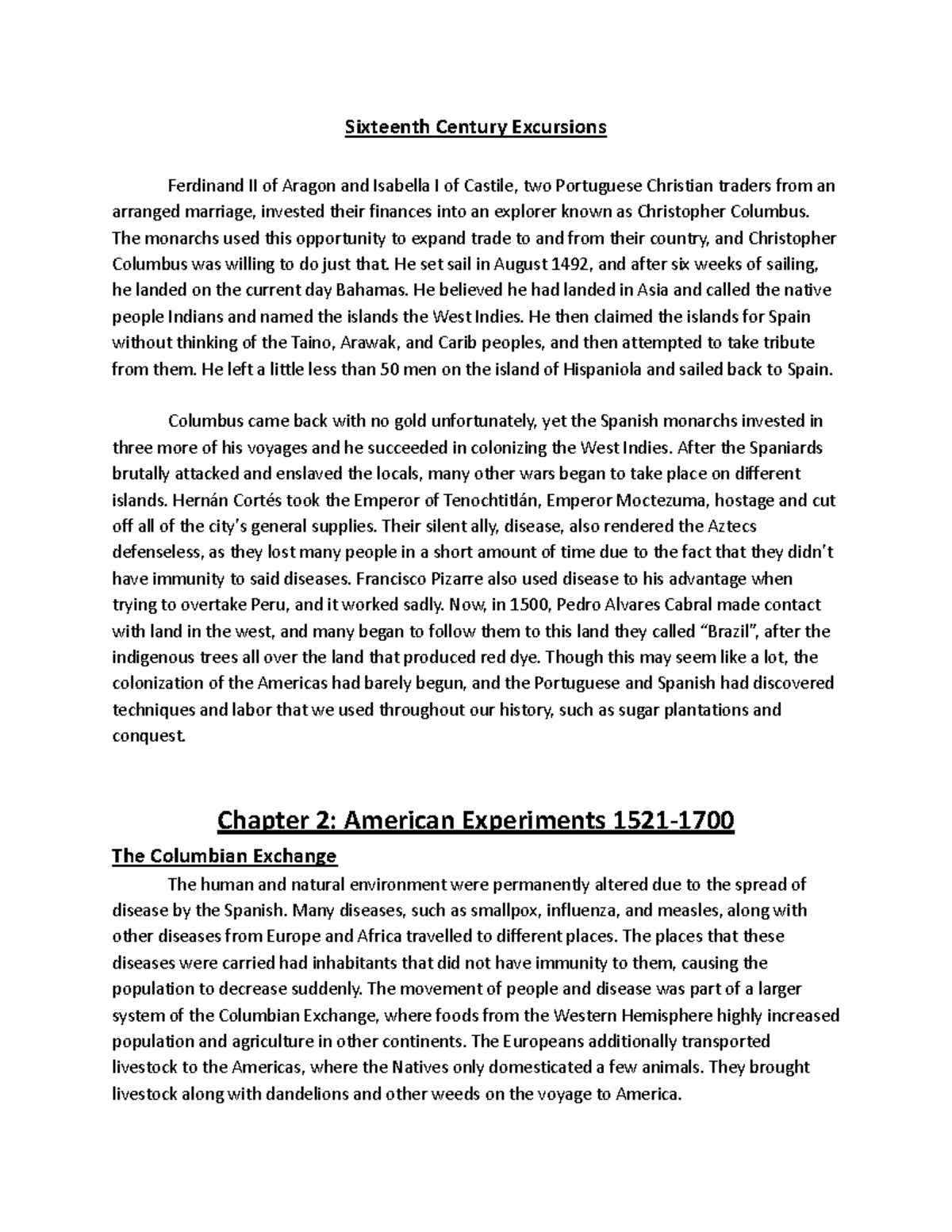 Chapters 2, 3, and 4 Summary - AP US History - Sixteenth Century ...