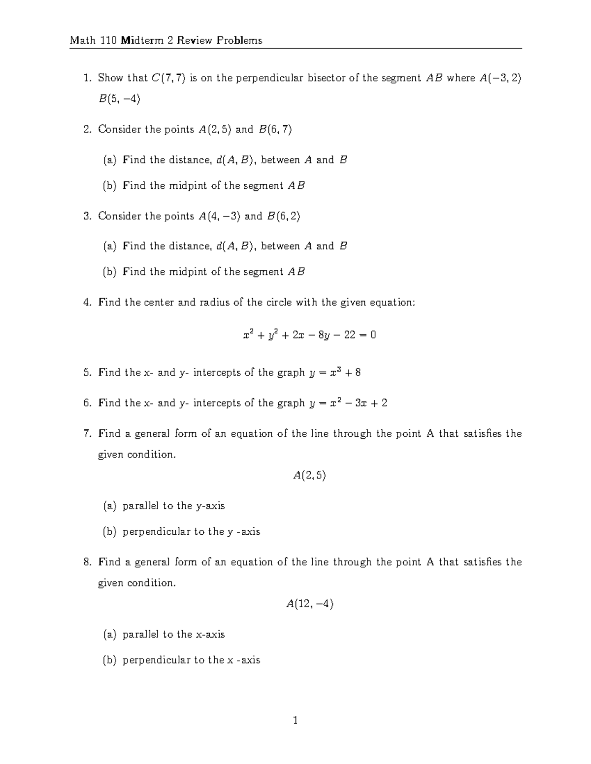 Math 110 Midterm 2 review - Math 110 Midterm 2 Review ProblemsMath 110 Midterm 2 Review ...