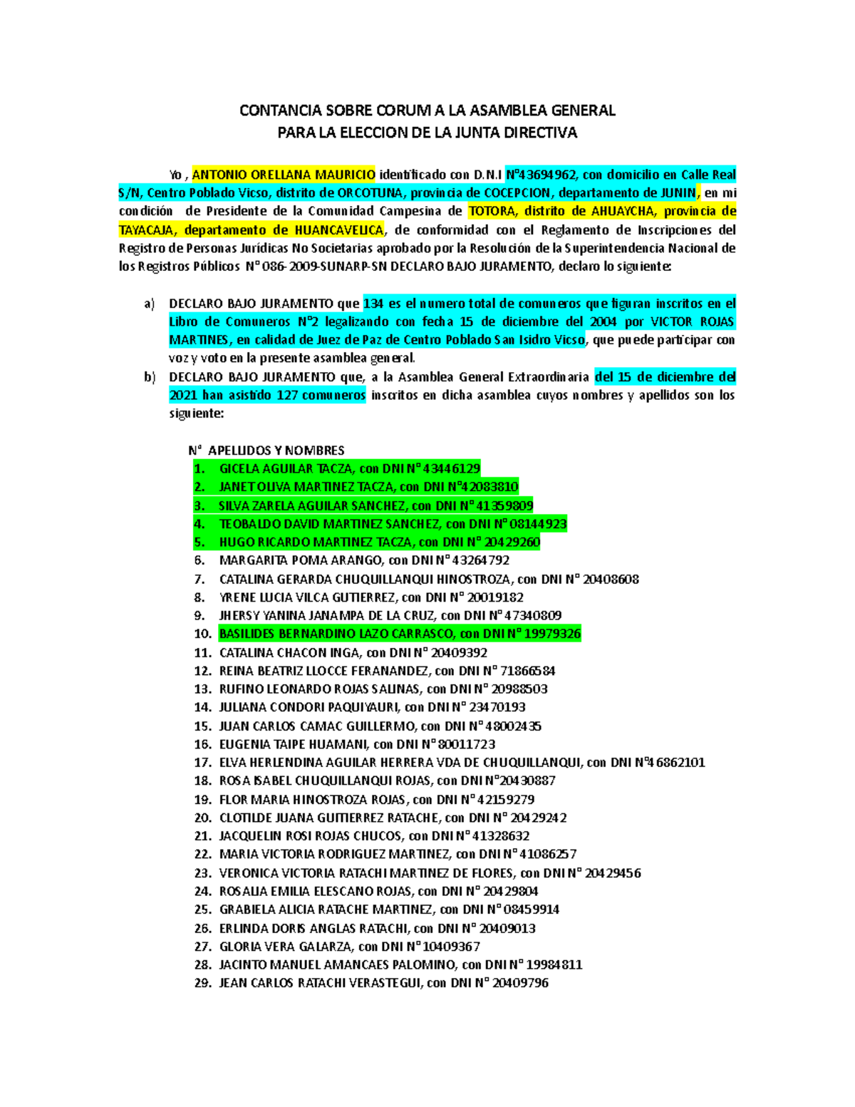 MODELO DE CORUN - CONTANCIA SOBRE CORUM A LA ASAMBLEA GENERAL PARA LA ...