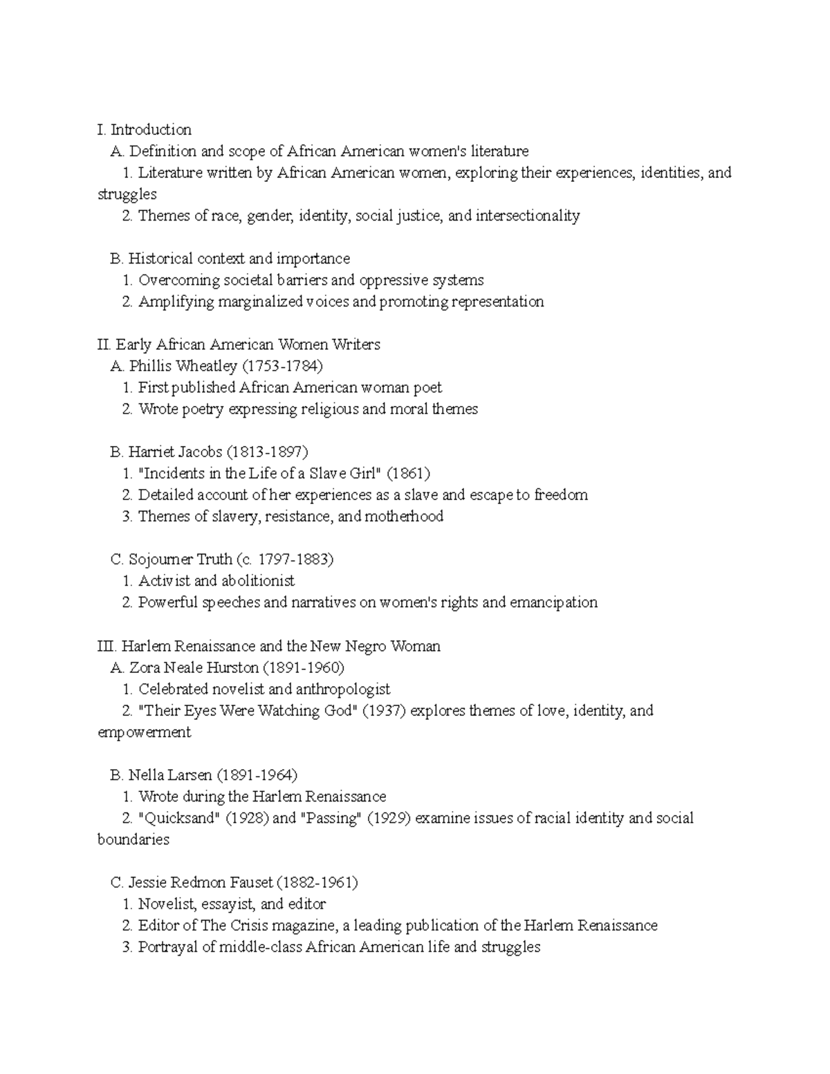 African American Women Wrtiters Lecture Notes - I. Introduction A ...