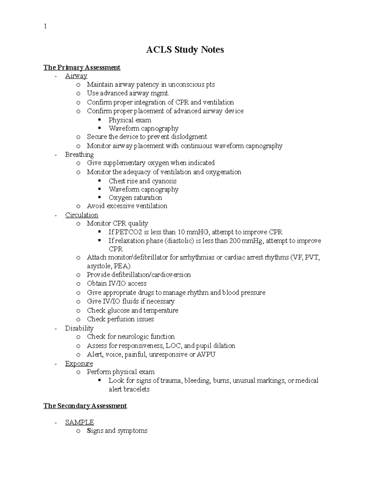 ACLS Study Notes - ACLS Study Notes The Primary Assessment - Airway o ...