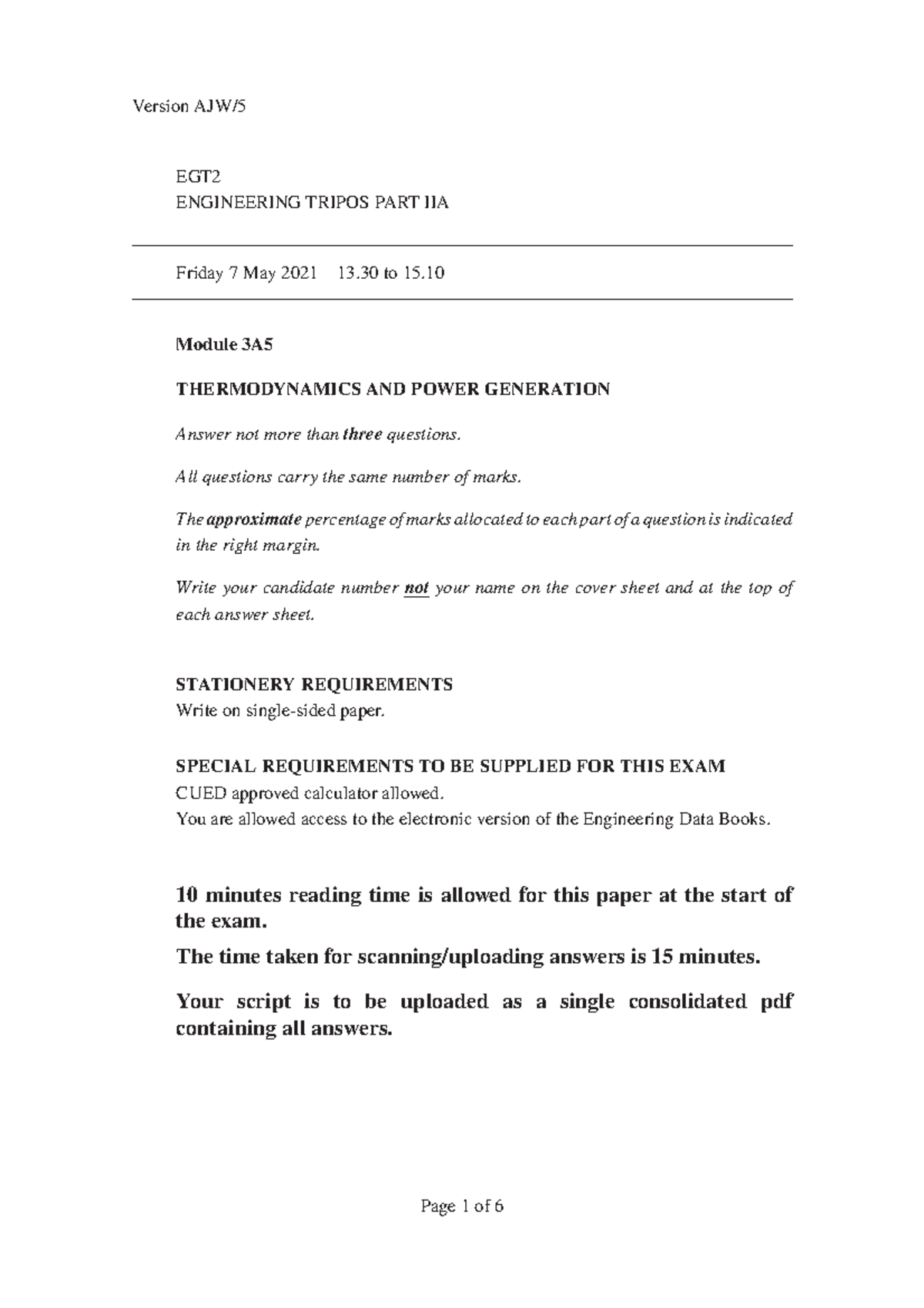 3A5 Exam 2021 - exam paper - EGT ENGINEERING TRIPOS PART IIA Friday 7 ...