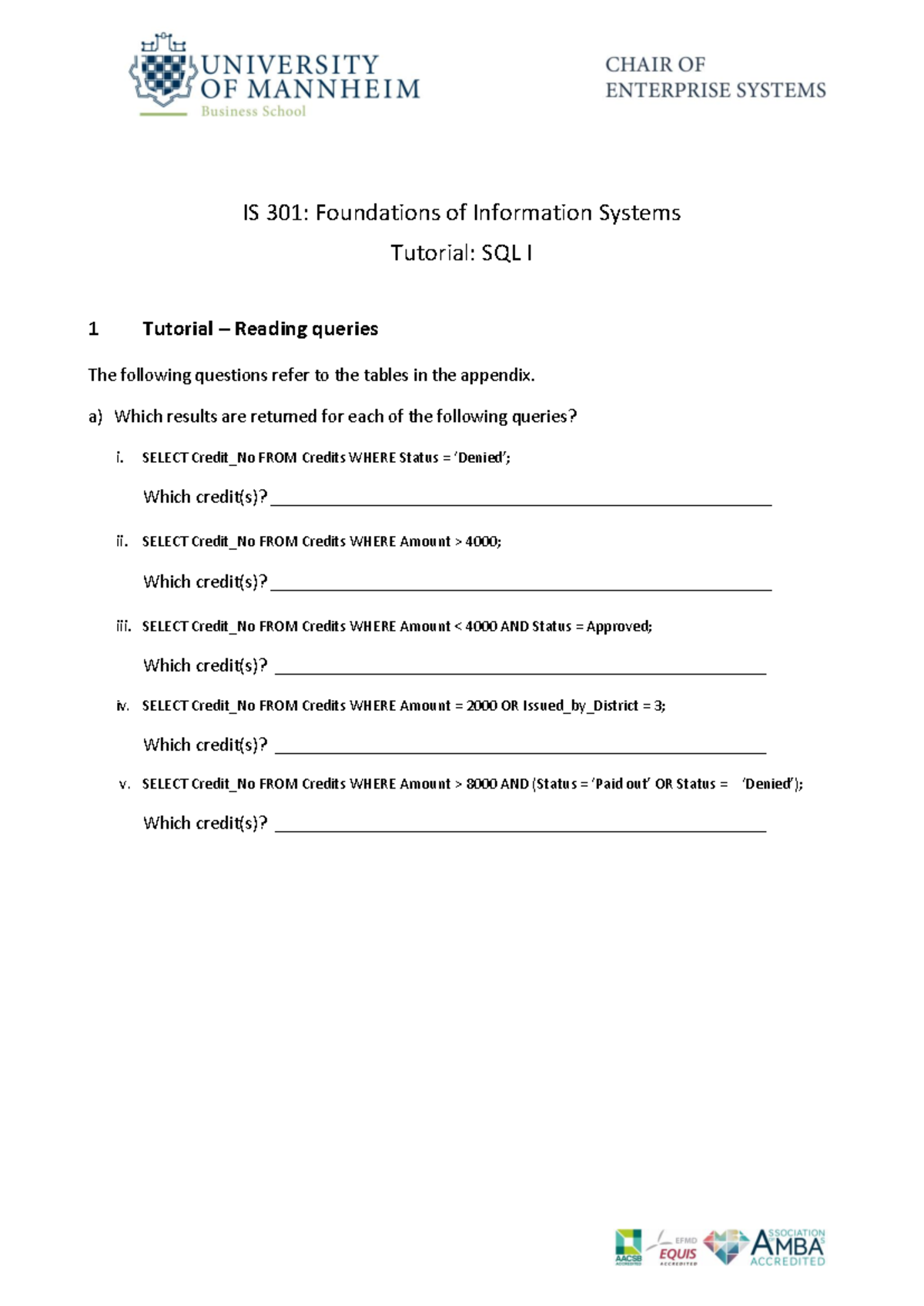 IS 301 Tutorial-Sheet-1 - IS 301: Foundations of Information Systems ...