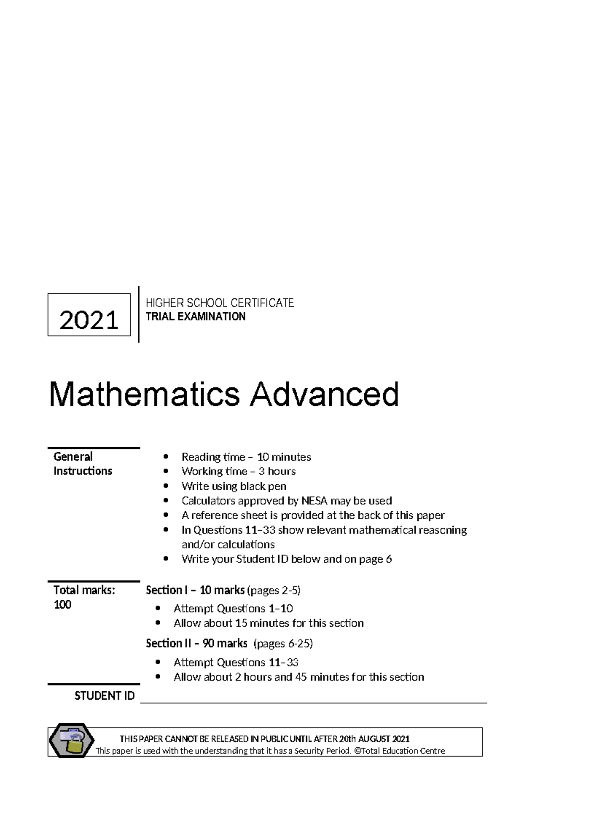2021 TEC Advanced Maths Solutions - Mathematics Advanced General ...