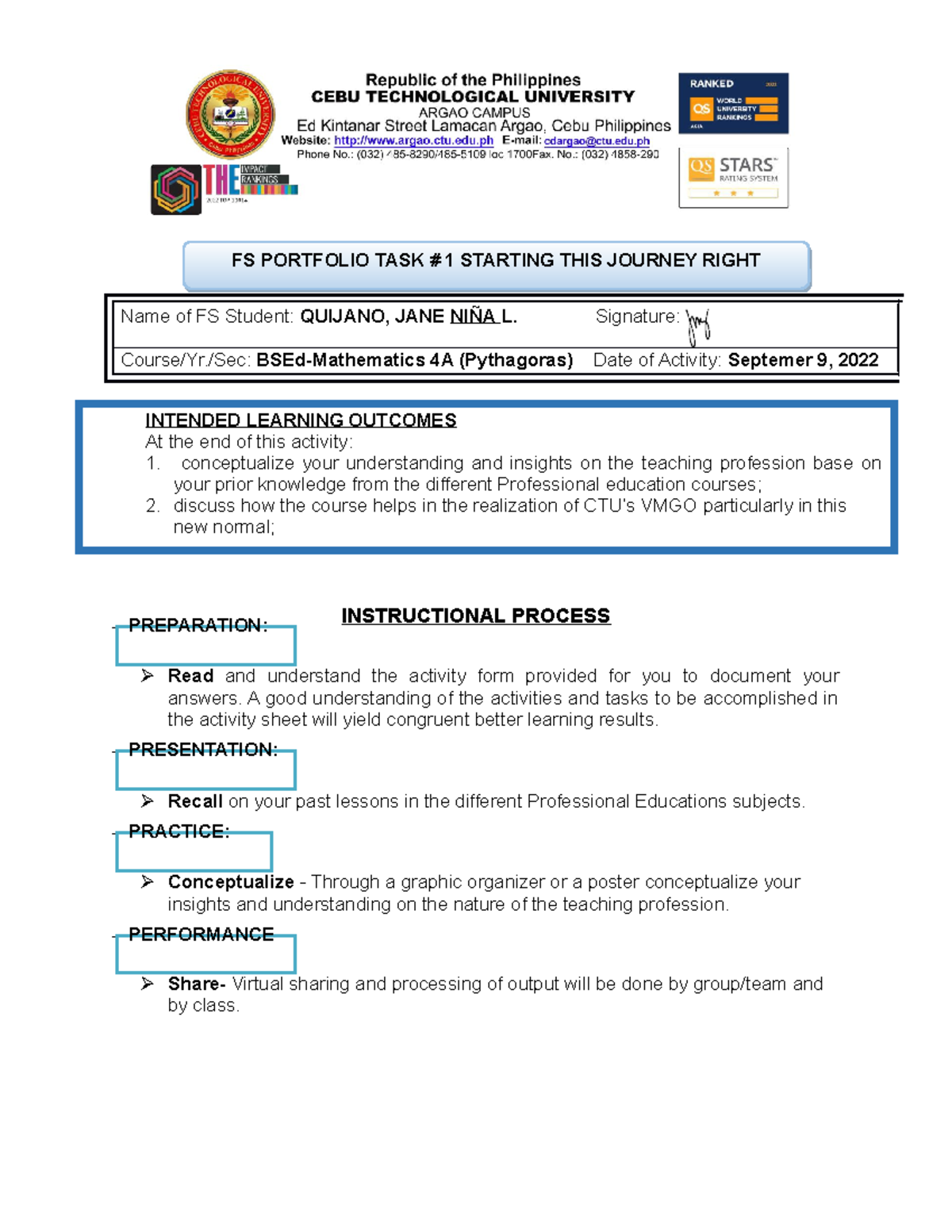 Quijano FS Portfolio Task 1 - Name of FS Student: QUIJANO, JANE NIÑA L ...