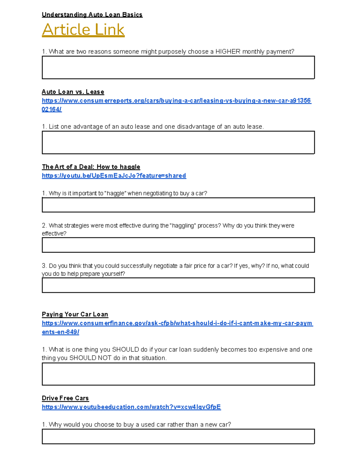 Student Activity Packet 5 - Understanding Auto Loan Basics Article Link ...