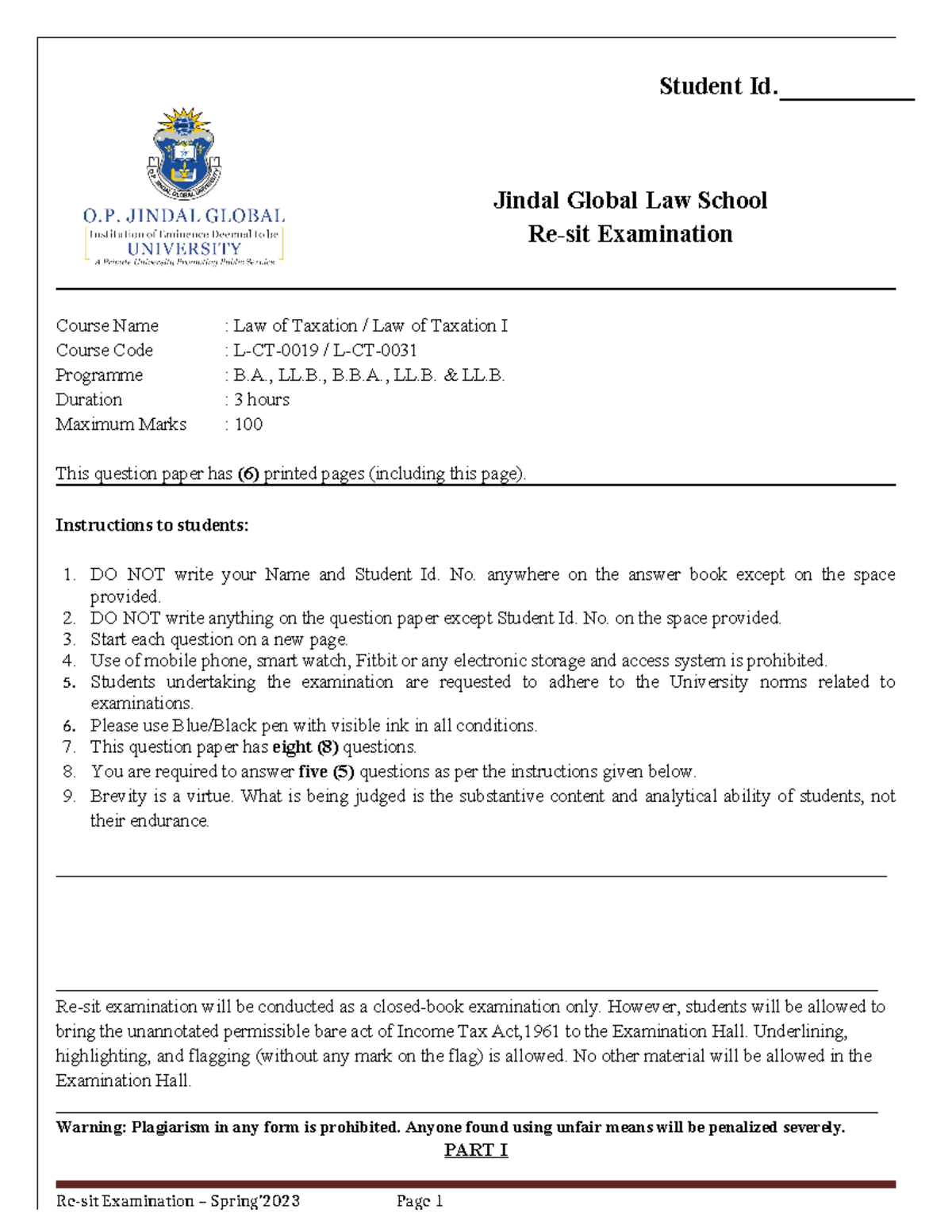 Law of Taxation - Student Id. Course Name : Law of Taxation / Law of ...