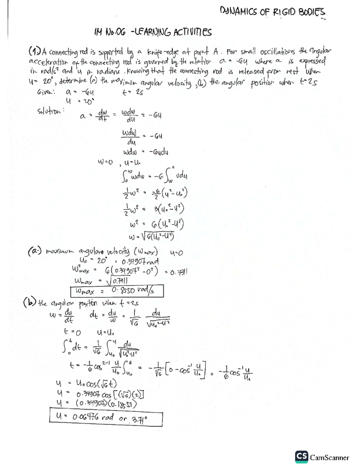 Dynamics of Rigid Bodies - Learning Activities #6 - Mechanical Engineering - CamScanner ...