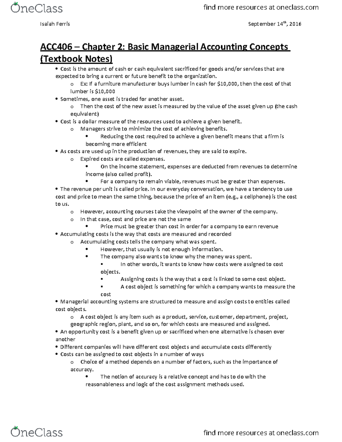 Acc406 Chapter 2 Notes Isaiah Ferris September 14th 2016 Acc406 3