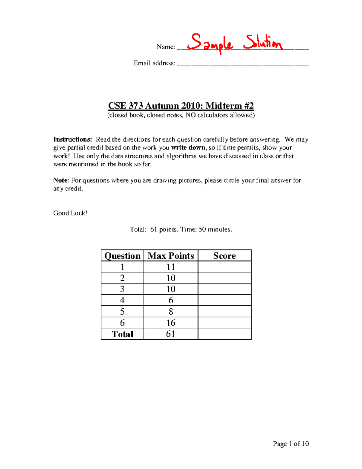 Cse373-10au-midterm 2 - Name ...