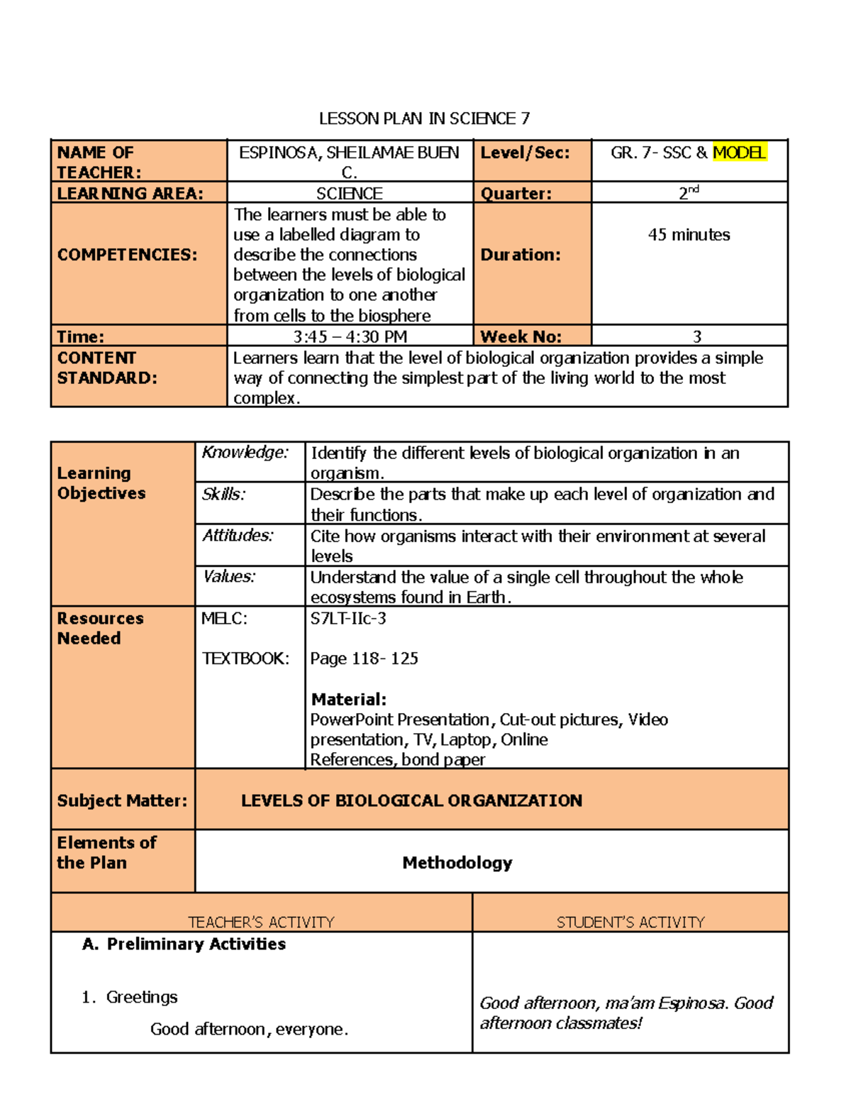 Science DEMO - 7E lesson plan about levels of biological organization ...