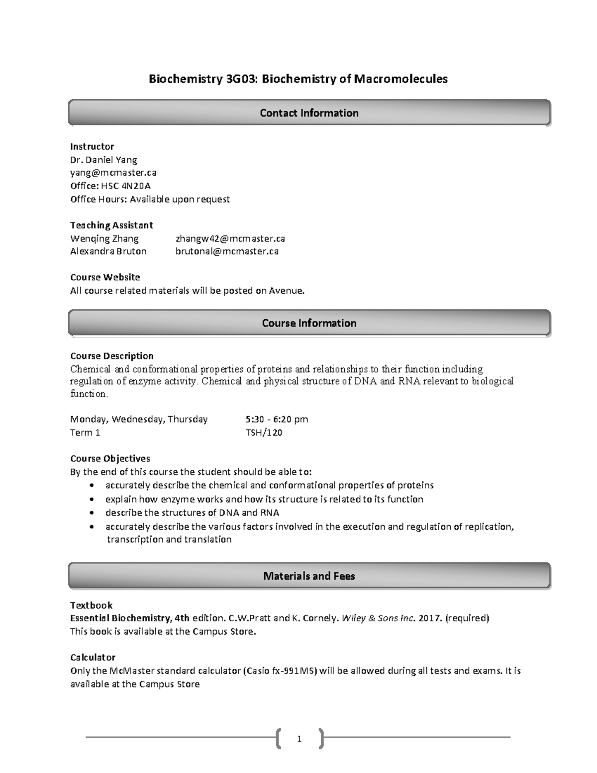 Biochem 3G03 Course Outline - Biochemistry 3G03: Biochemistry of ...