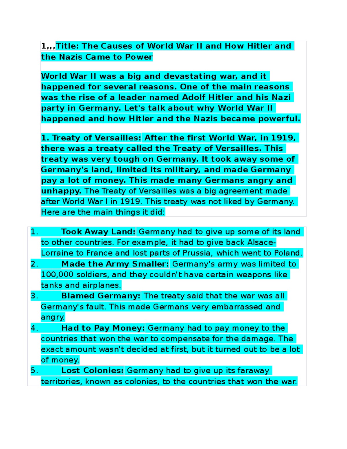 Part 1 History essays - 1,,,Title: The Causes of World War II and How ...