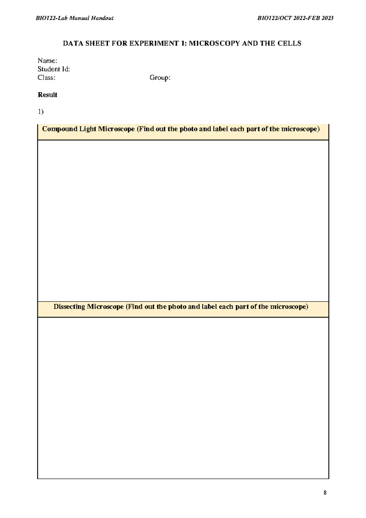 Datasheet BIO EXP 1 - BIO122-Lab Manual Handout BIO122/OCT 2022-FEB ...