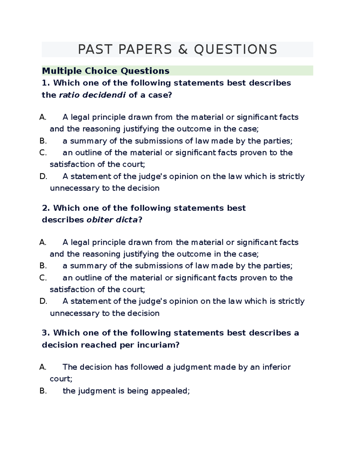 PAST Papers@introducing law - PAST PAPERS & QUESTIONS Multiple Choice ...